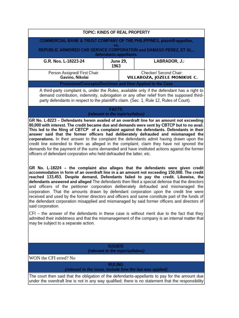Commercial Bank vs. Republic Armored Car Service, 8 SCRA 425 | PDF ...