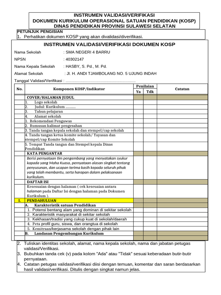 INSTRUMEN Validasi KOSP KURIKULUM MERDEKA WORD | PDF