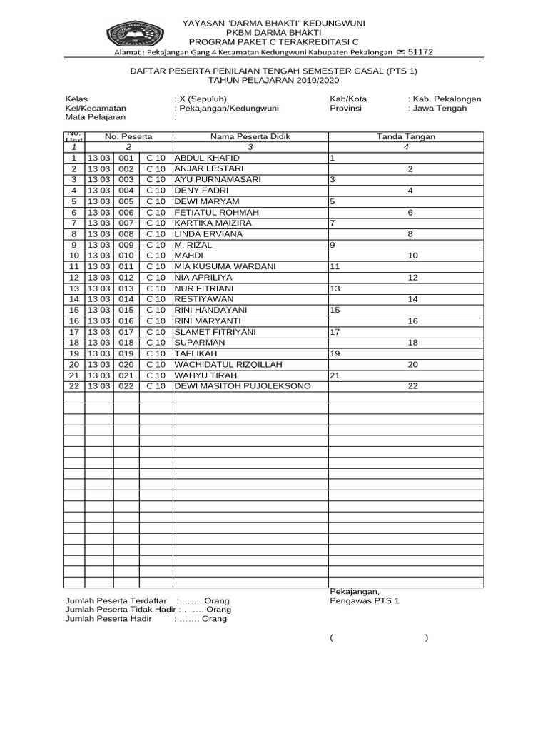 Daftar Hadir Uts 1 Th. 2019-2020 | PDF