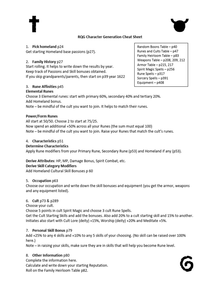RQG PC Creation Cheat Sheet | PDF
