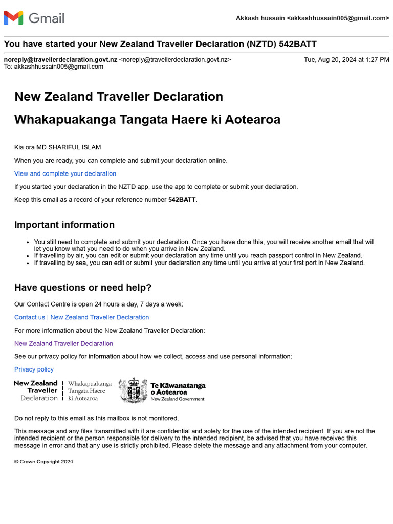 Gmail - You Have Started Your New Zealand Traveller Declaration (NZTD) 542BATT | PDF