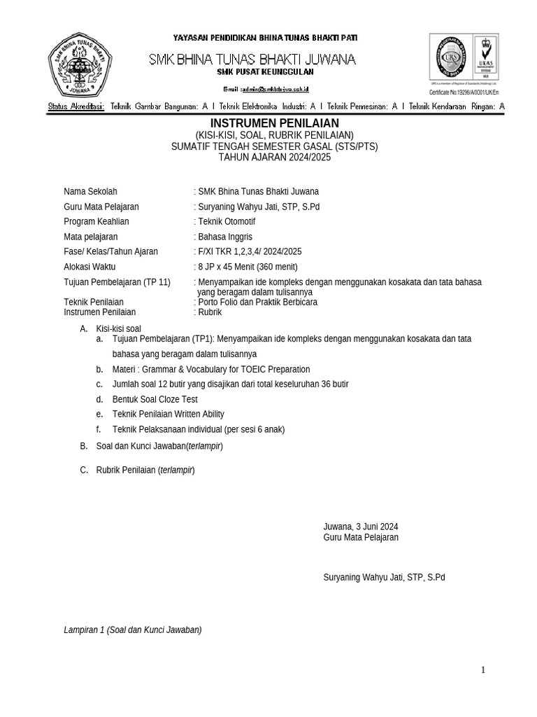 ENG Assessment Inst - XI TKR | PDF