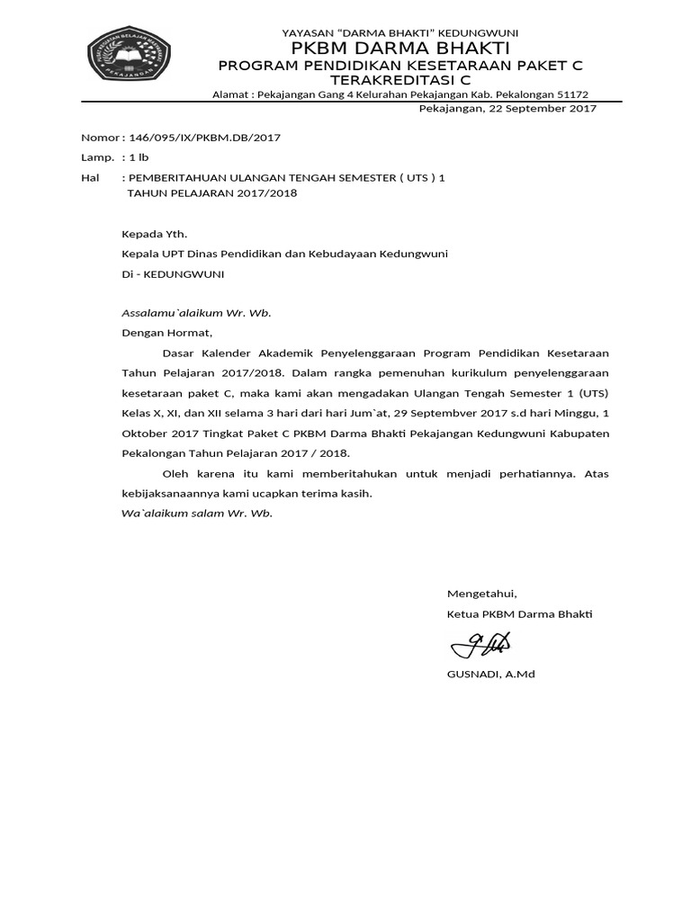 SURAT PEMBERITAHUAN UTS 1 TH. 2017-2018 Ke UPT Dan SD | PDF