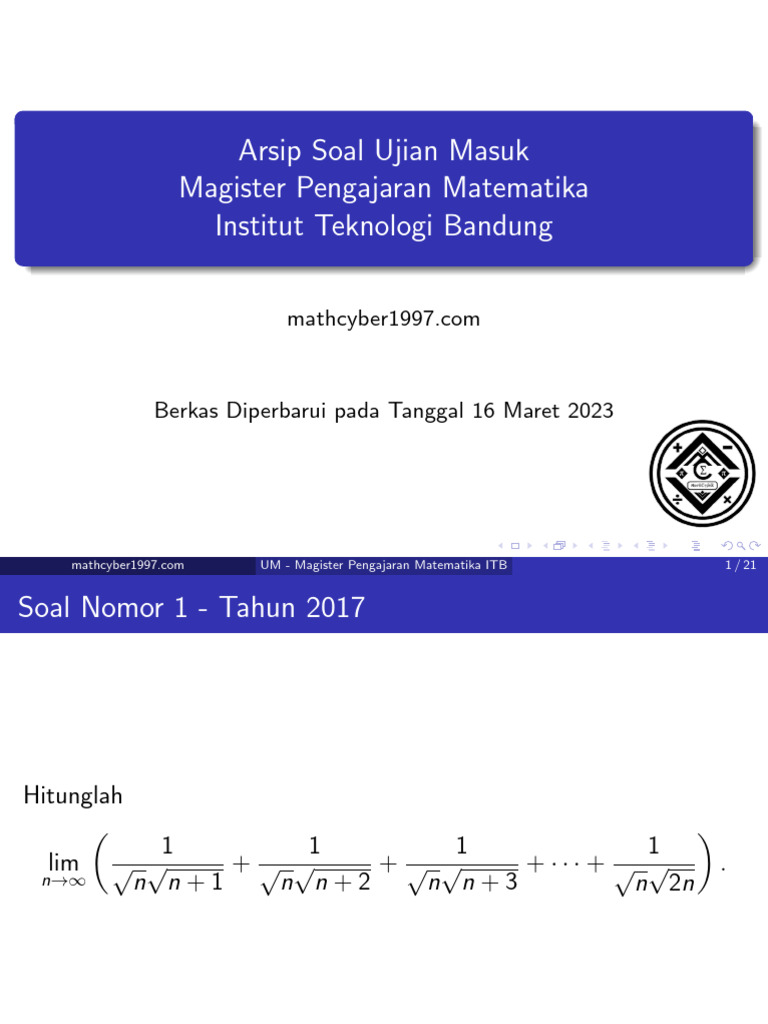 Arsip Soal Ujian Masuk Magister Pengajaran Matematika ITB | PDF