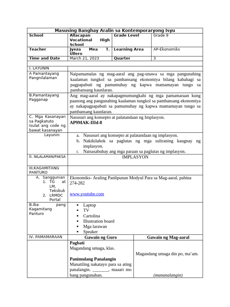 AP9 - IMPLASYON Lesson Plan | PDF
