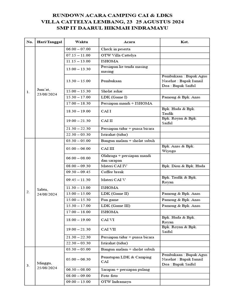 Rundown Acara Camping Cai & LDKS | PDF