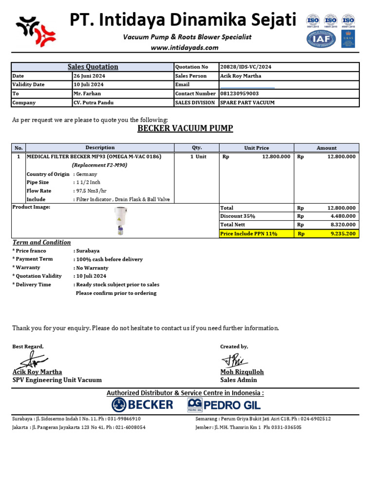 Quotation 20828 Cv. Putra Pandu - MF 93 M-Vac 0186 | PDF