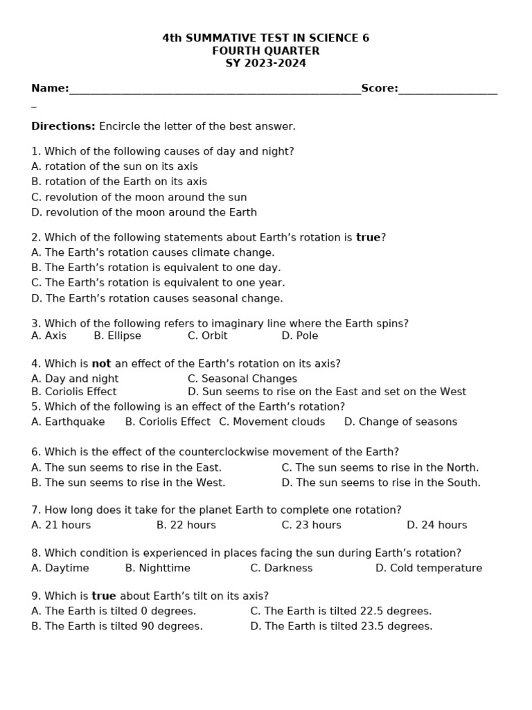 4th Quarter Science Test for Grade 6 | PDF | Planets | Social Science