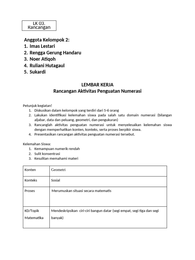 Kelompok 2 LK. B3. RANCANGAN AKTIVITAS NUMERASI | PDF Kelompok 2 LK. B3. RANCANGAN AKTIVITAS NUMERASI | PDF