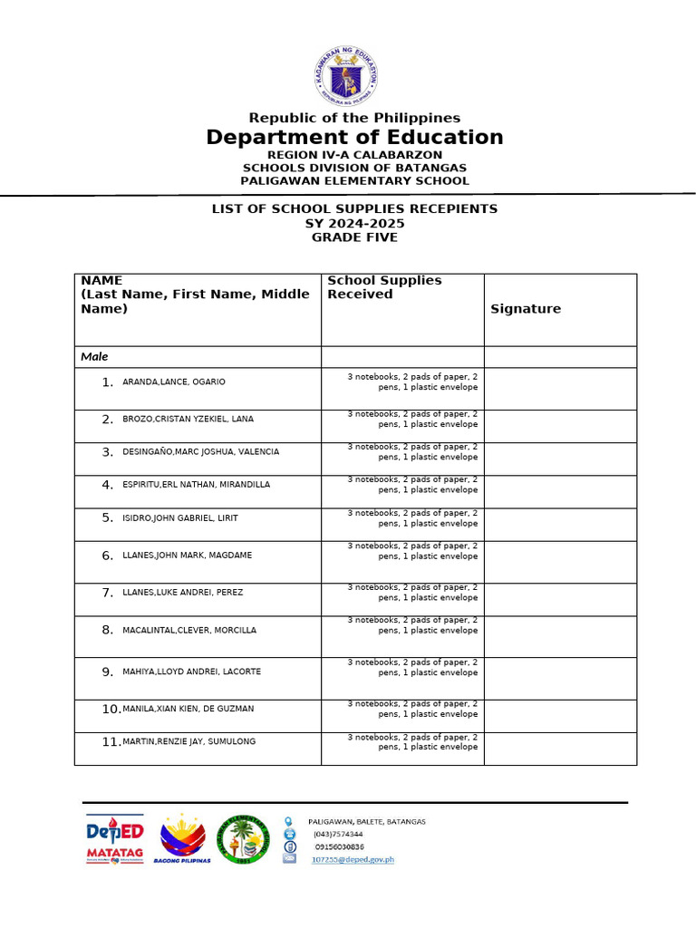 Recepient of School Supplies Gr.5 | PDF