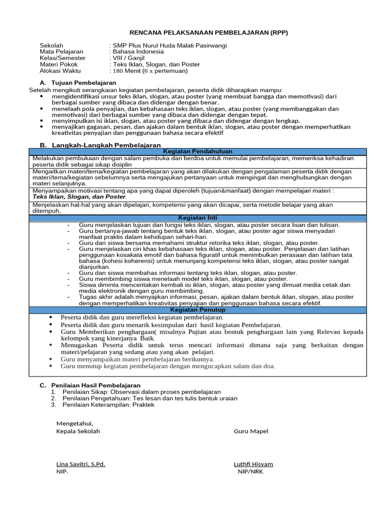 2 RPP 1 Lembar Bhs. Indo Kelas 8 Sem.1 - WWW - Kherysuryawan.id | PDF