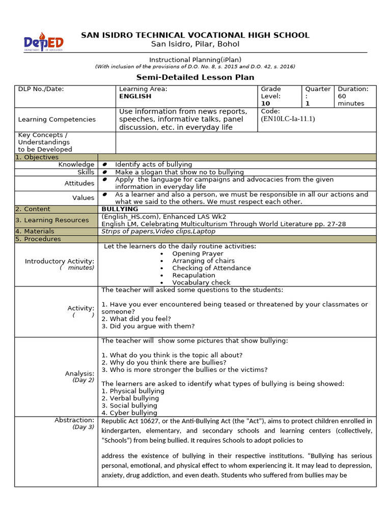Lesson Plan English 1 | PDF