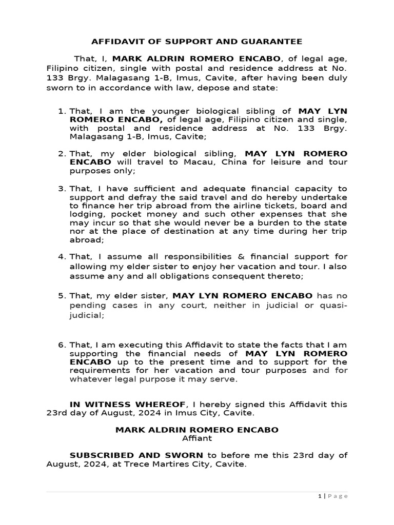 Affidavit of Financial Support Mark Aldrfin Romero Encabo | PDF
