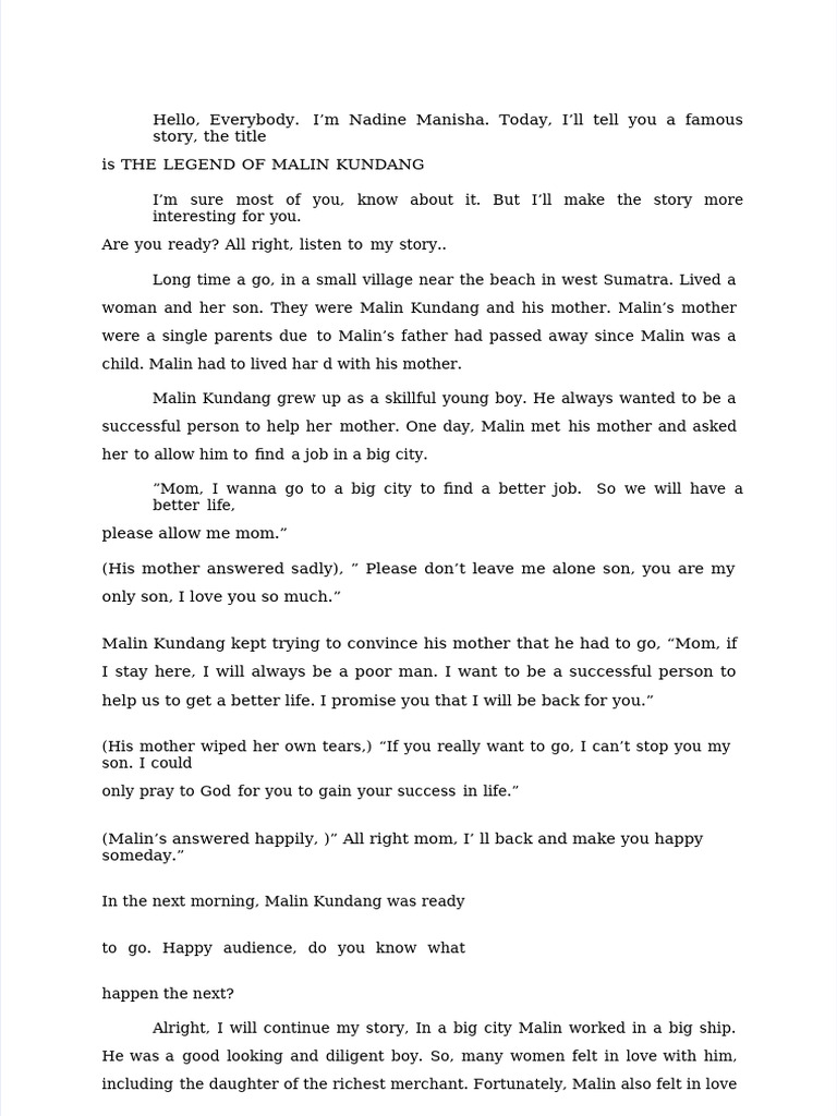 PDF Malin Kundang Storytelling Text | PDF