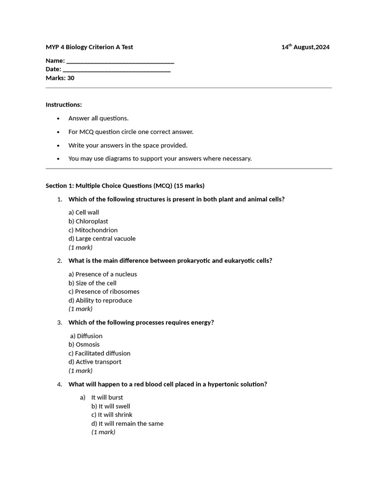 MYP 4 Biology Criterion A Test 14th August | PDF
