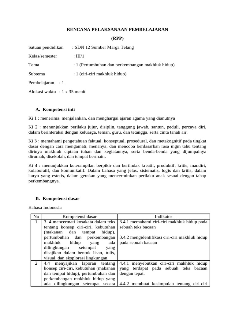 RPP Kelas 3 SD Semester 1 | PDF