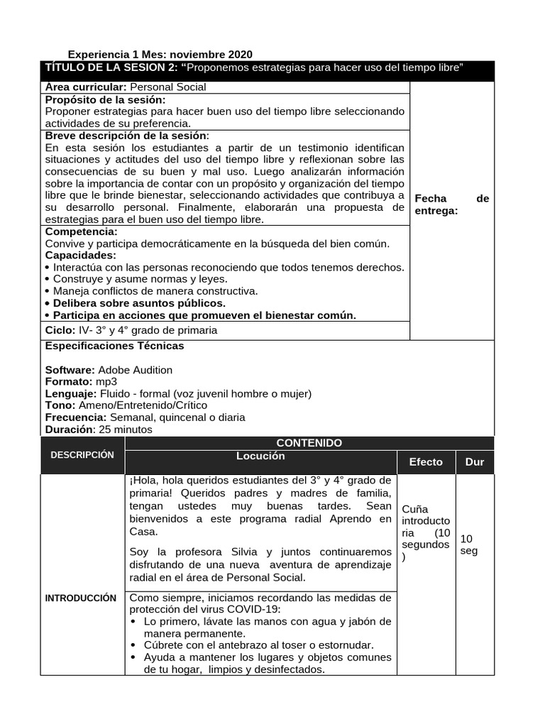 Guión Primaria 3°-4° Psoc. Sesión 27 12-Nov | PDF