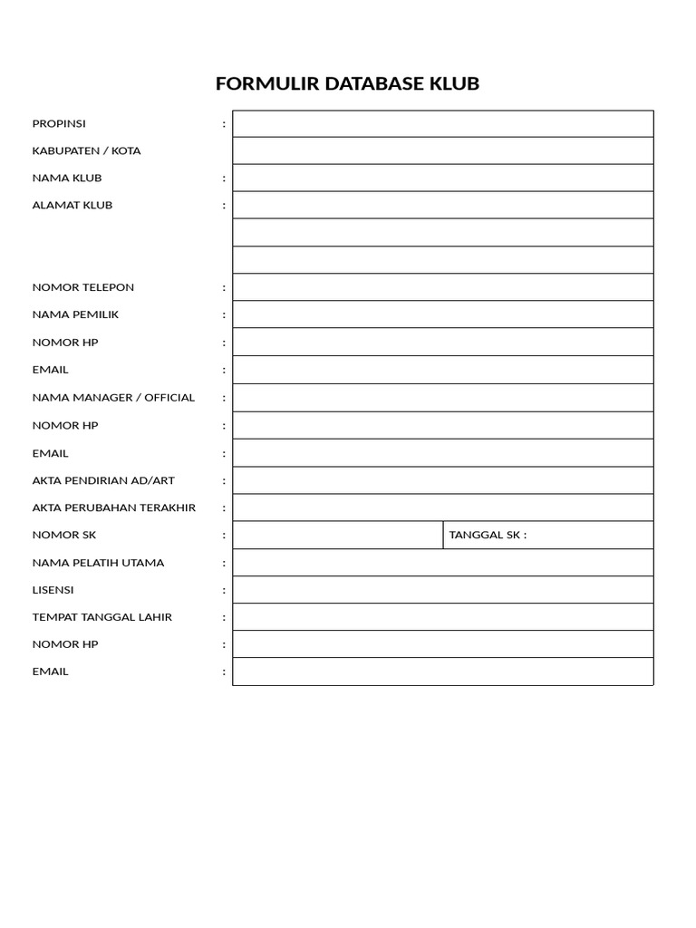 Formulir Database Klub | PDF