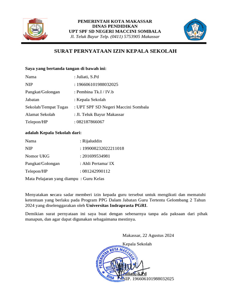 Surat - Izin - Dari - Kepala - Sekolah - Kemdikbud - 2024 Rijal | PDF