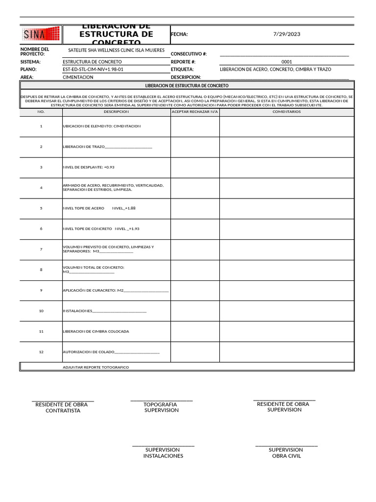 001 Liberacion de Colados EJEMPLO | PDF