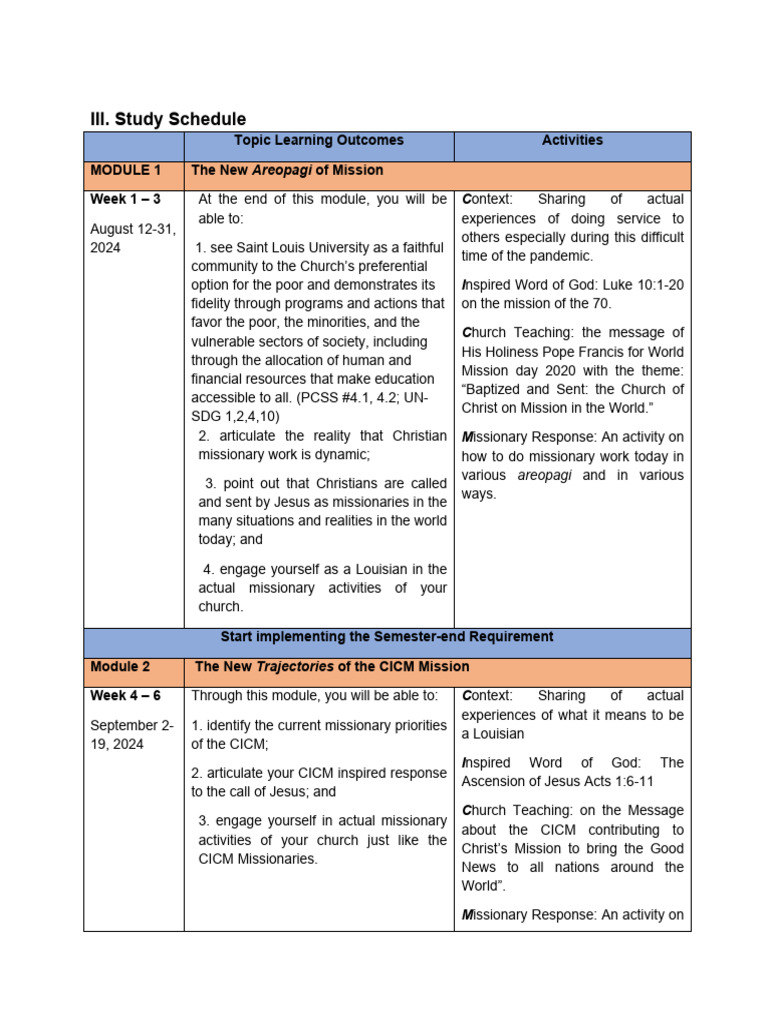 CFE 105A Study Schedule 1stsem AY 24-25 | PDF