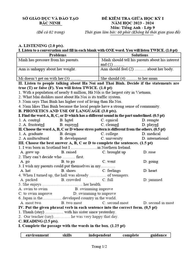 De Thi Giua Hoc Ki 1 Mon Tieng Anh Lop 9 Nam 2023 2024 So GD DT Bac Ninh 1723 | PDF