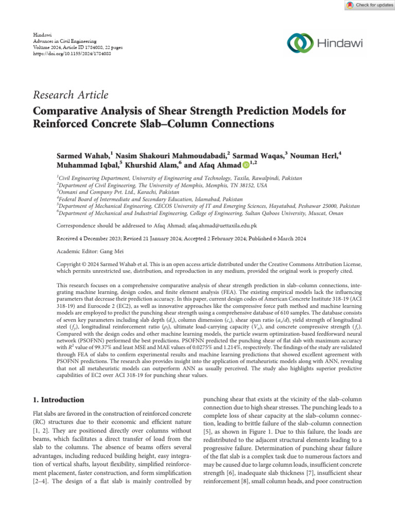 Comparative Analysis Of Shear Strength Prediction Models For Reinforced Concrete Slab Column