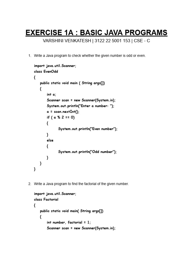Exercise 1a: Basic Java Programs | PDF