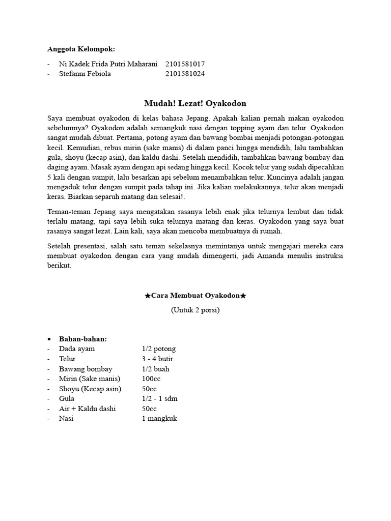 Latihan Honyaku - Resep Oyakodon | PDF