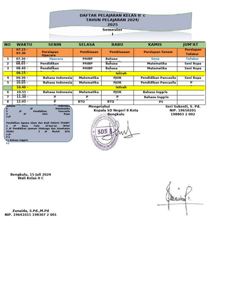 Jadwal Pelajaran 2C SMT I, REV | PDF