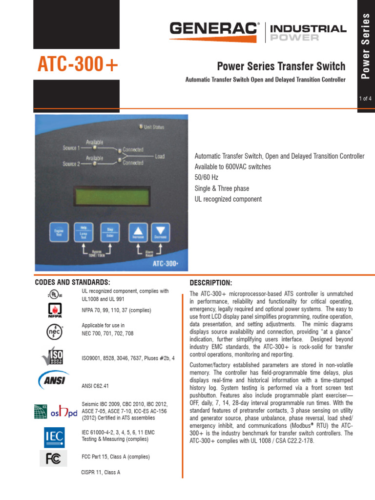 Generac Industrial Power ATC 300 Controller - Spec Sheet | PDF