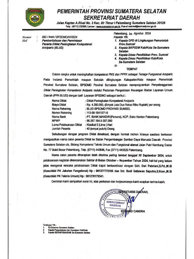 SRT Pemberitahuan Diklat Arsiparis BLUD TH 2024 | PDF