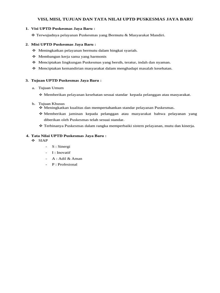 Visi, Misi, Tujuan Dan Tata Nilai Puskesmas | PDF