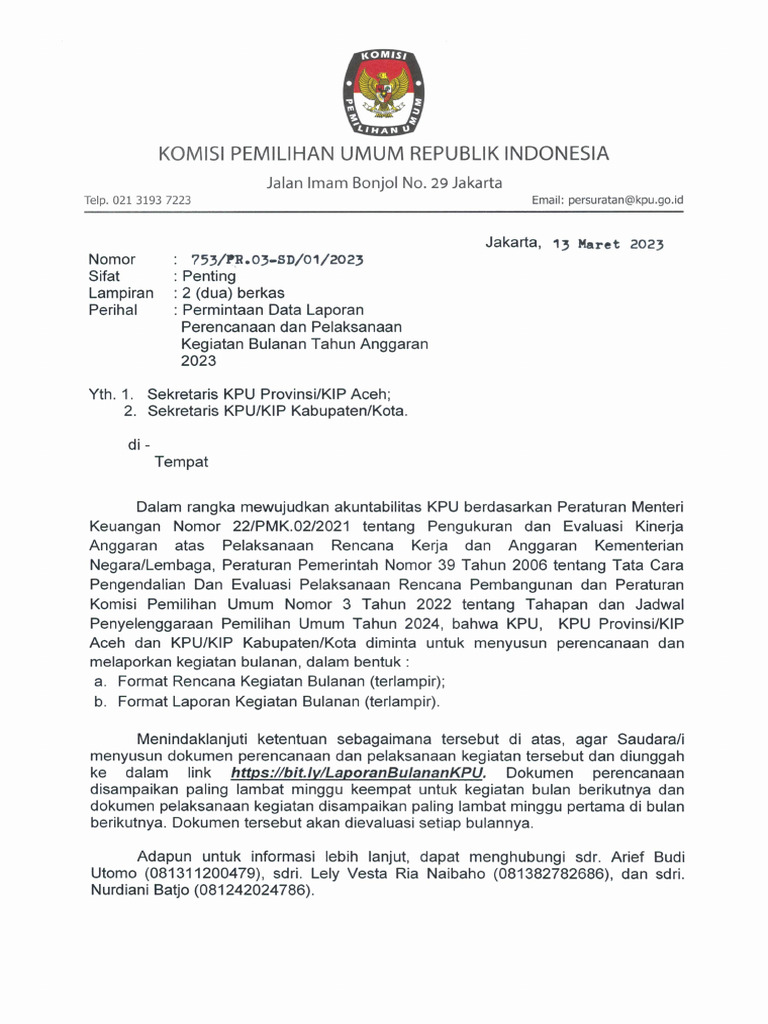 753 - SD SJ - Permintaan Data Laporan Perencanaan Dan Pelaksanaan Kegiatan Bulanan TA 2023 ...