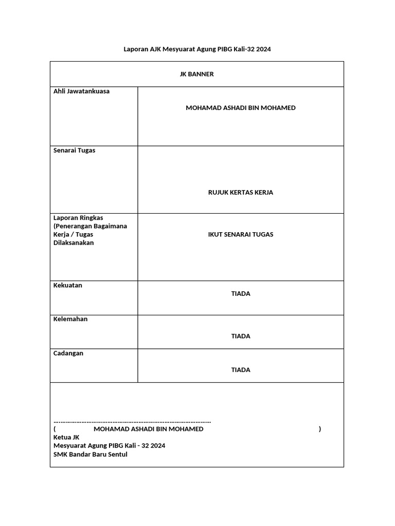 Borang Laporan AJK Mesyuarat Agung PIBG Kali | PDF