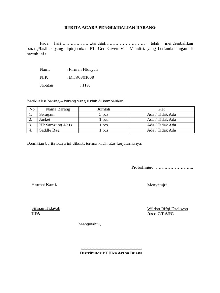 Berita Acara Pengembalian Barang | PDF