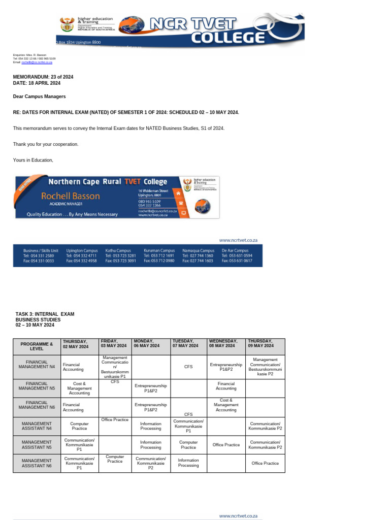 23 of 2024 Nated Internal Examination Timetable Semester 1 of 2024 | PDF