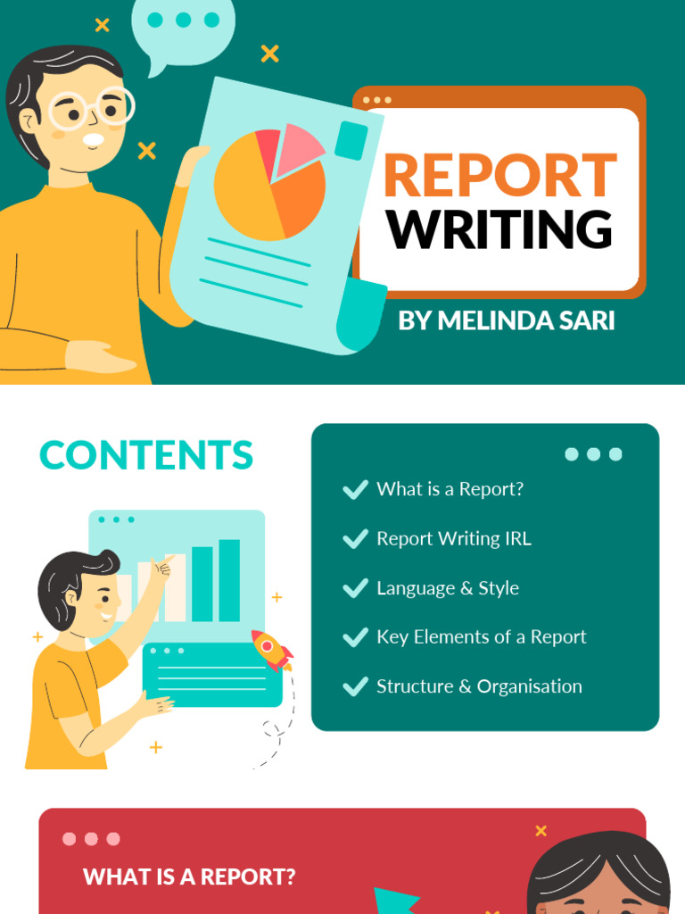 Report Writing Presentation in Green, Red and Orange Illustrative Style ...