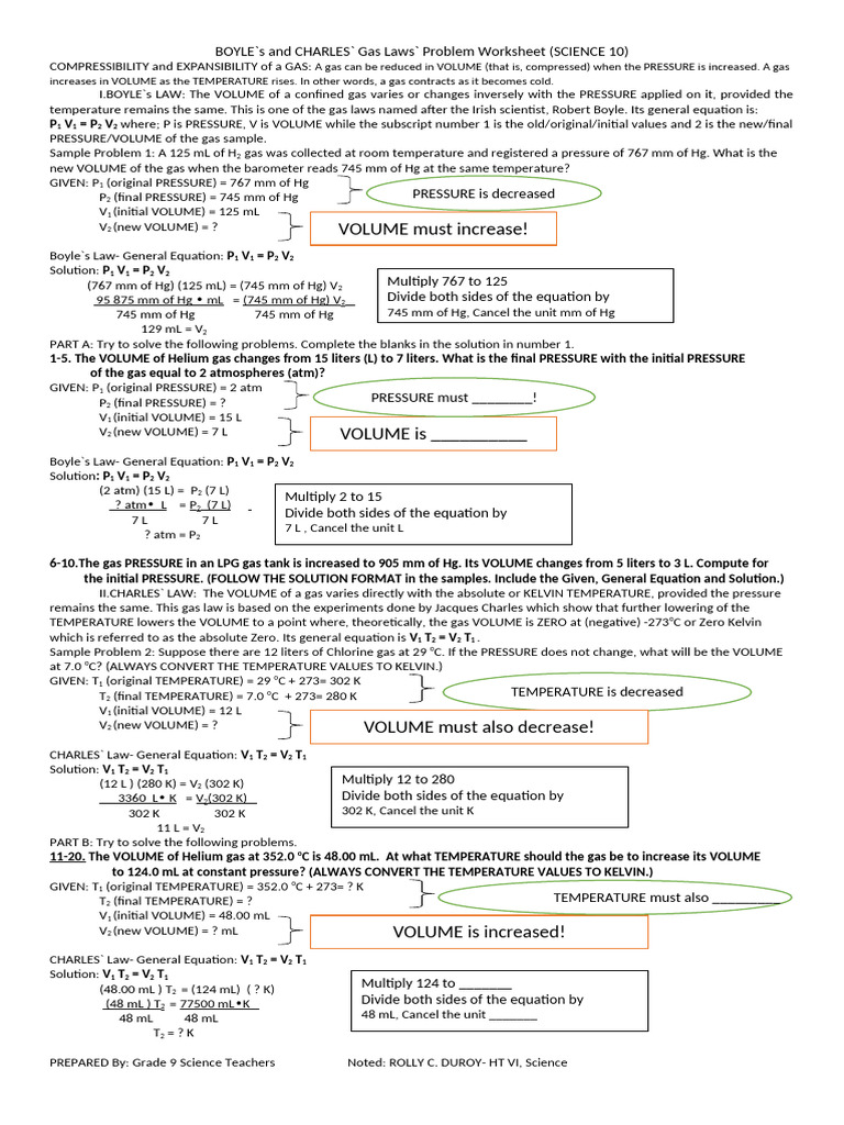 Boyle's and Charles' Gas Laws Worksheet | PDF | Gases | Teaching ...