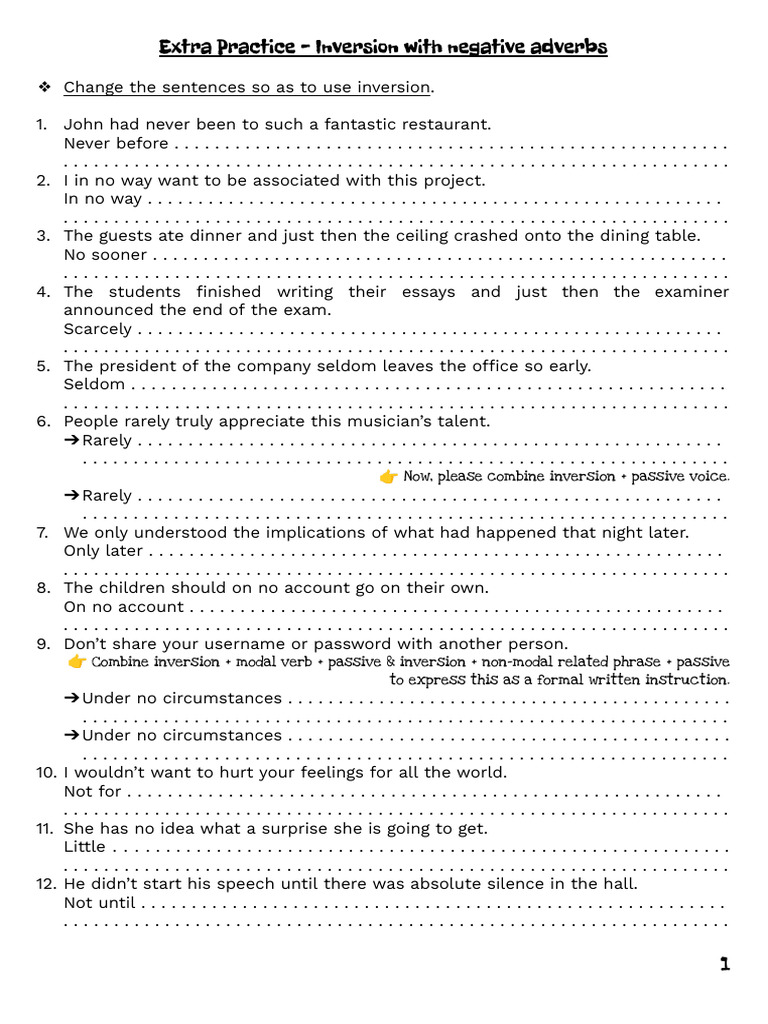 Extra Practice - Inversion With Negative Adverbs | PDF | Home & Garden
