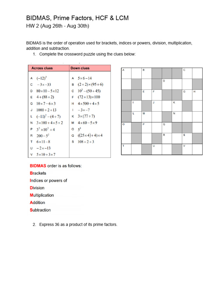 HW 2 (Aug 26th - Aug 30th) BIDMAS, Prime Factors, HCF & LCM | PDF