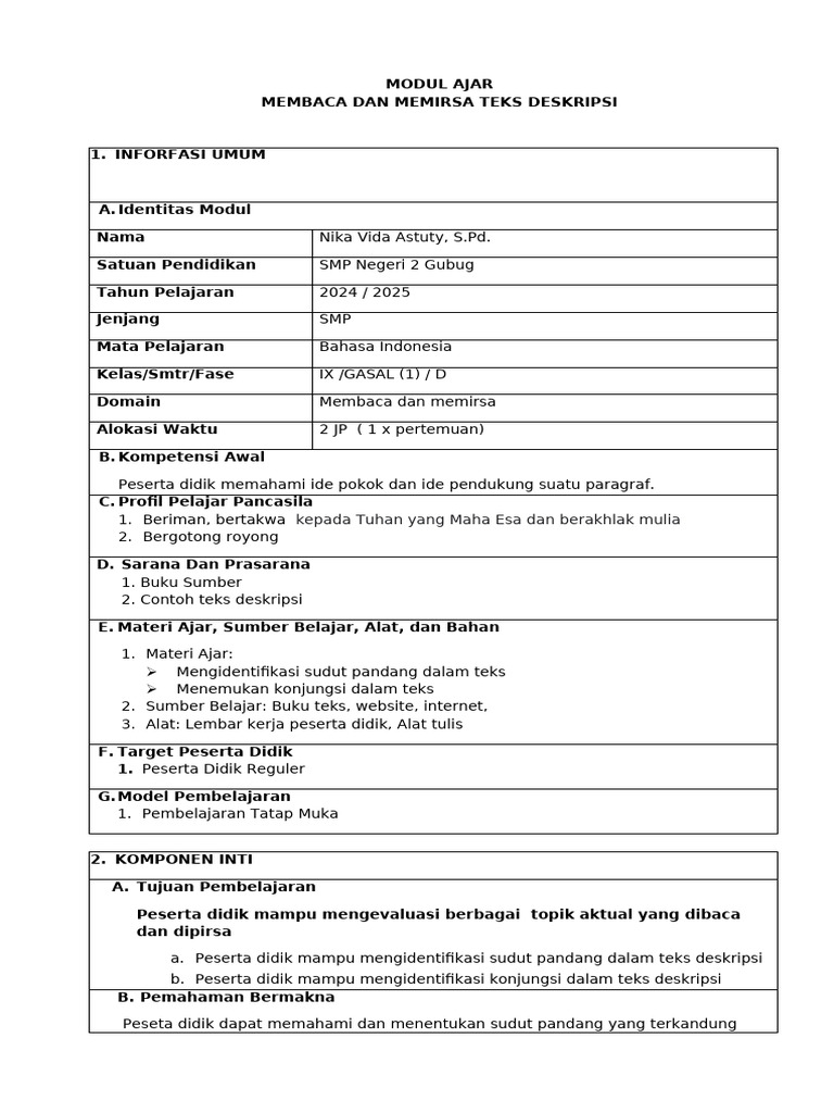 Modul Membaca TEKS DESKRISI | PDF | Karier & Perkembangan | Seni & Disiplin Bahasa
