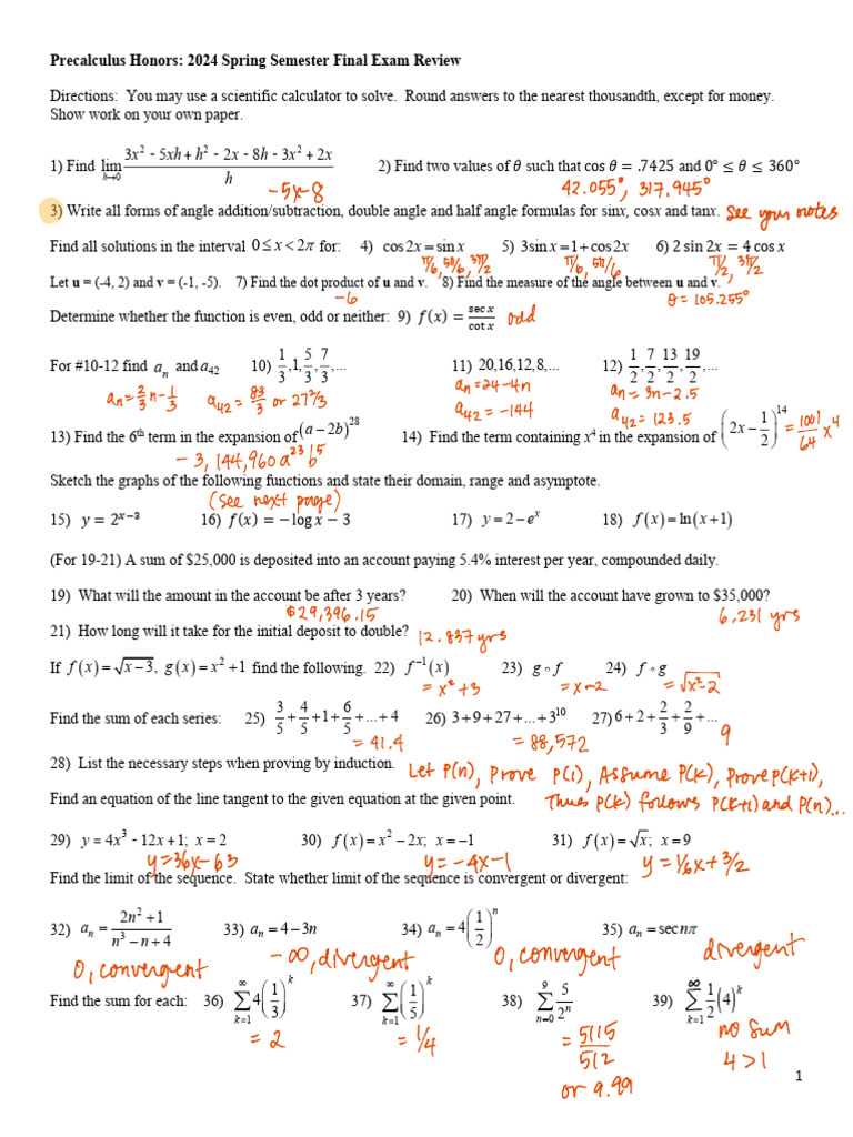 PCH Spring Final Review WS 24 Answers | PDF | Trigonometric Functions | Latitude