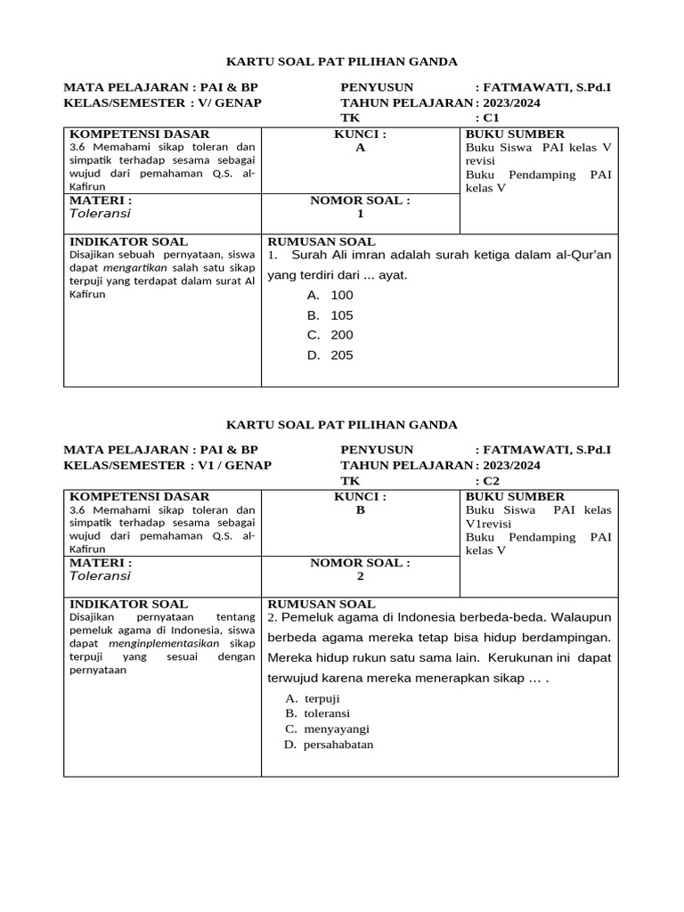 Kartu Soal PG Pat Pai&bp 2025 | PDF