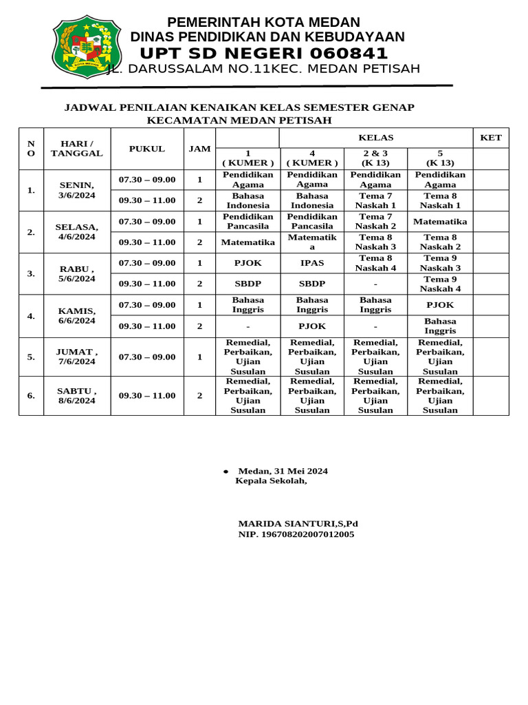 Jadwal Ujian Kenaikan Kelas 1-5 Juni 2024 | PDF