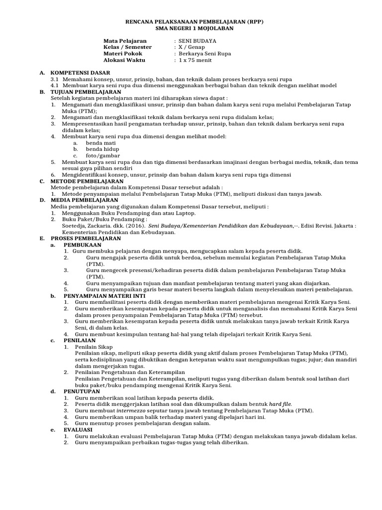 RPP Daring Seni Rupa Kelas X SMT 1 TH 2022-2023 | PDF