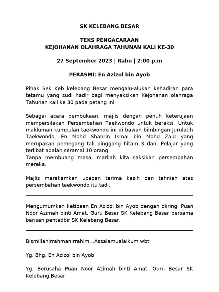 Teks Emcee Hari Sukan 2023 | PDF