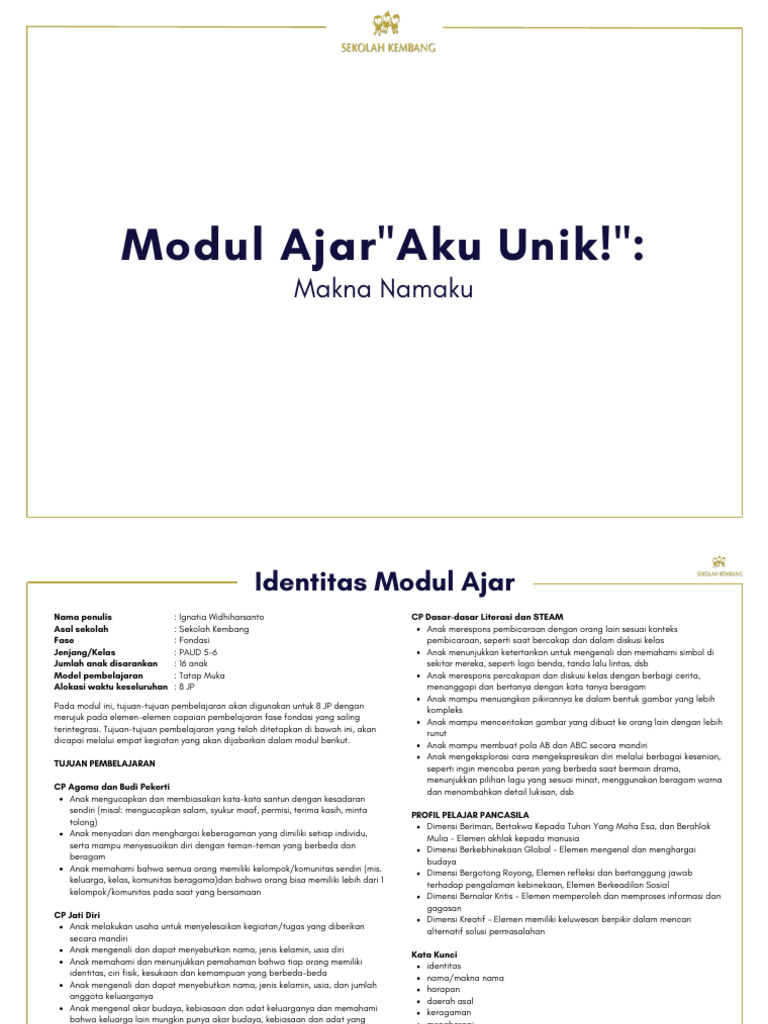 Modul Ajar PAUD - Modul Ajar - Aku Unik! - Makna Namaku - Fase Fondasi | PDF | Kesehatan Holistik