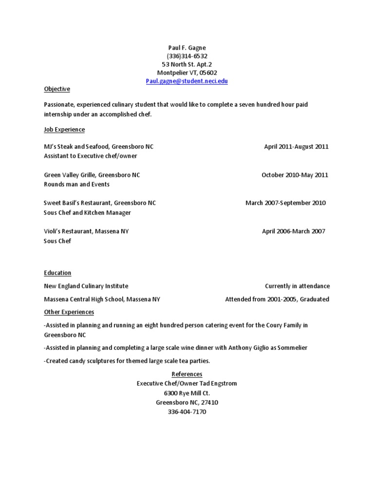 Culinary Student Internship Resume | PDF | Cooking, Food & Wine | Wellness