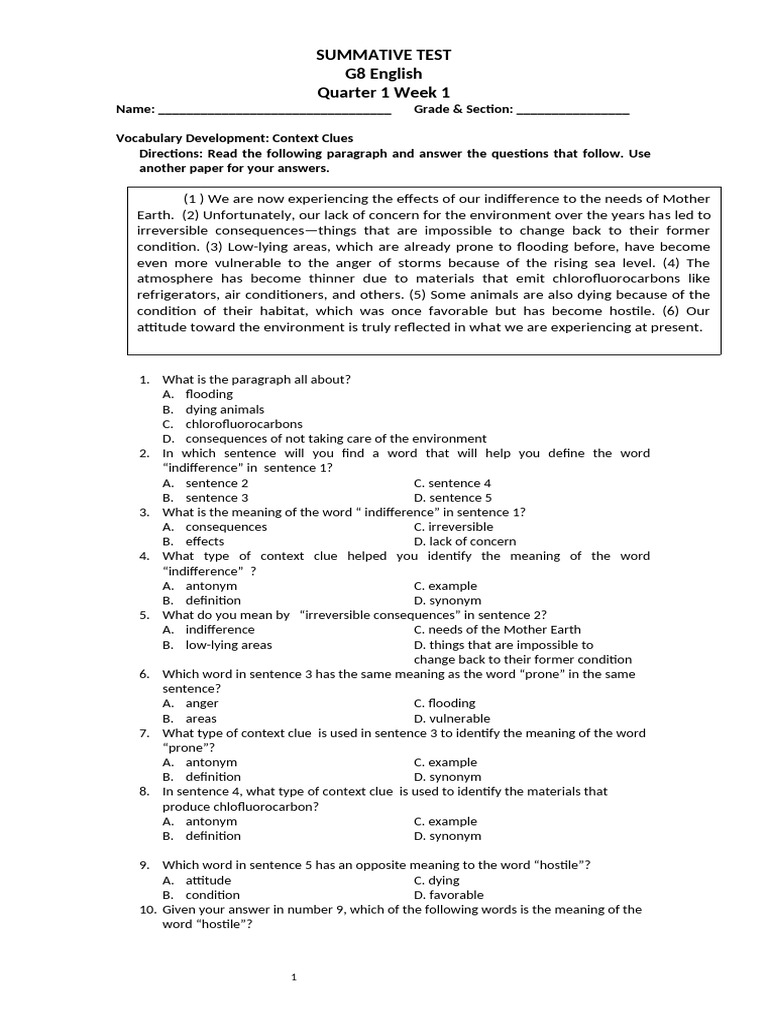 Grade 8 English Summative Test Q1 W1 | PDF